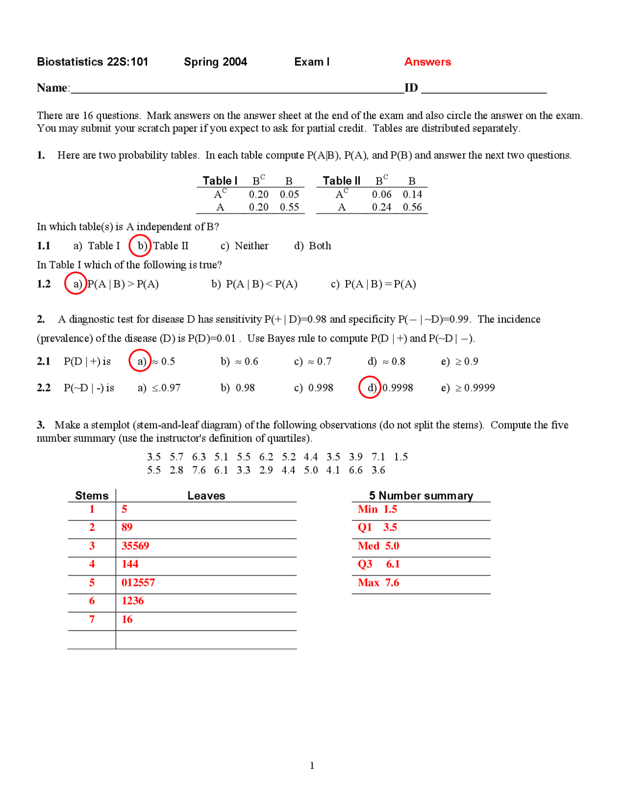 Exam 1 With Answer Key Biostatistics 22s 101 Docsity