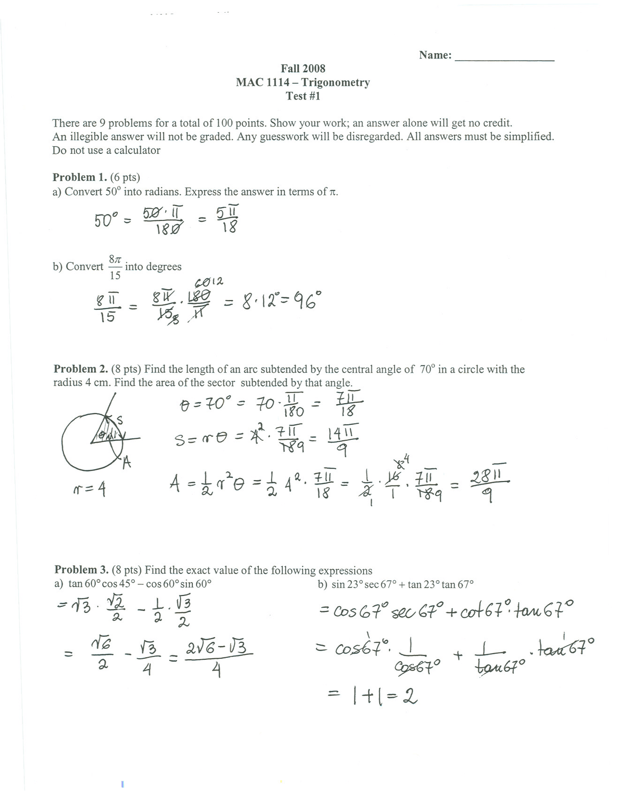 Test 1 Solutions Trigonometry Fall 2008 Mac 1114 Docsity
