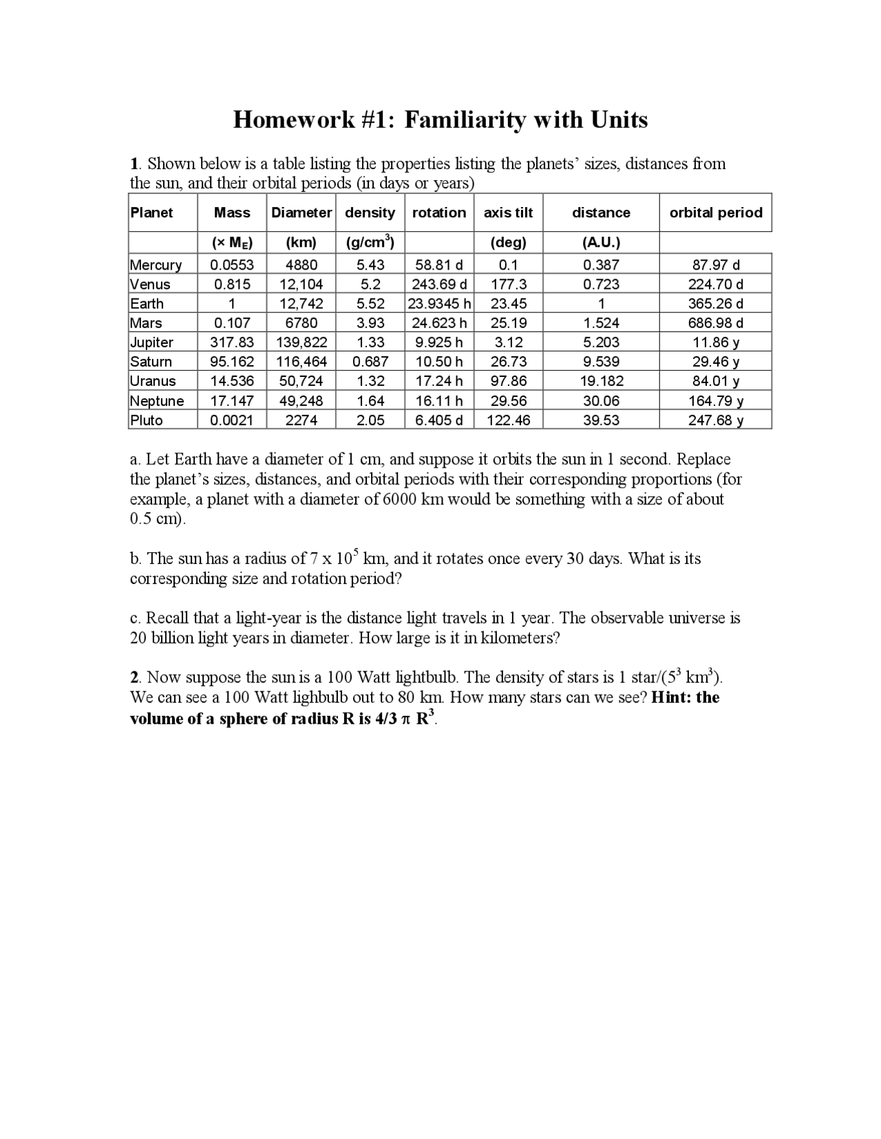 Homework 1 – Familiarity with Units - Life Beyond the Earth | ASTR 3420 - Docsity