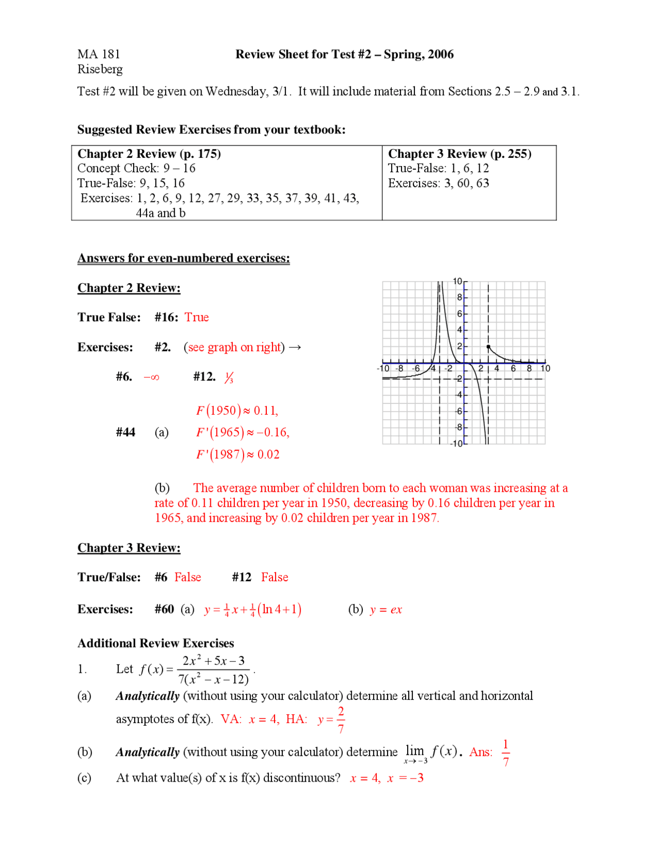 Review Exercise With Solution Calculus I Exam 2 Ma 181 Docsity