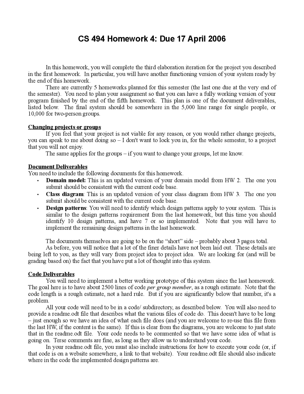 CS 494 Homework 4: Software Development Project Iteration and Document Deliverables - Prof ...