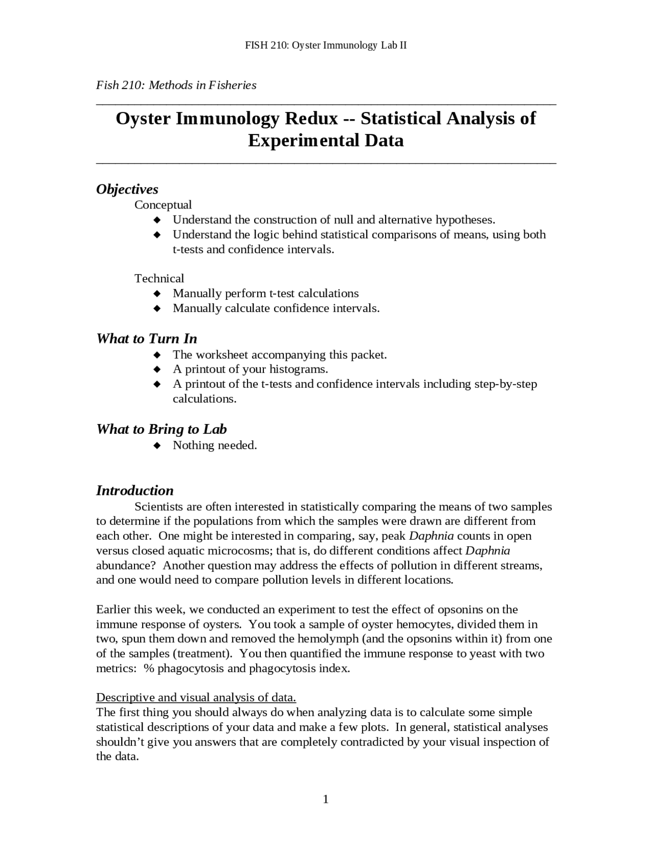 Statistical Analysis of Experiment Data - Oyster Immunology Redux ...
