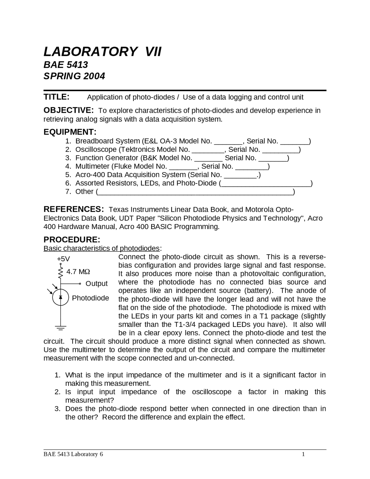 Lab Experiment on Photo-diodes & Data Acquisition Systems in BAE 5413, Spring 2004 - Prof. | Lab ...