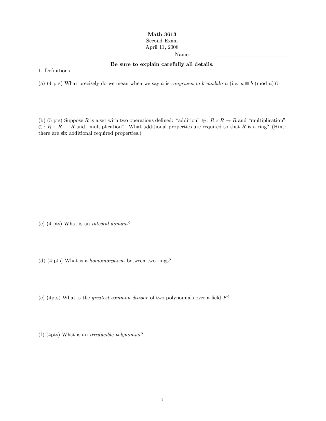 Questions and Theorems of Modern Algebra - Examination 2 | MATH 3613 ...