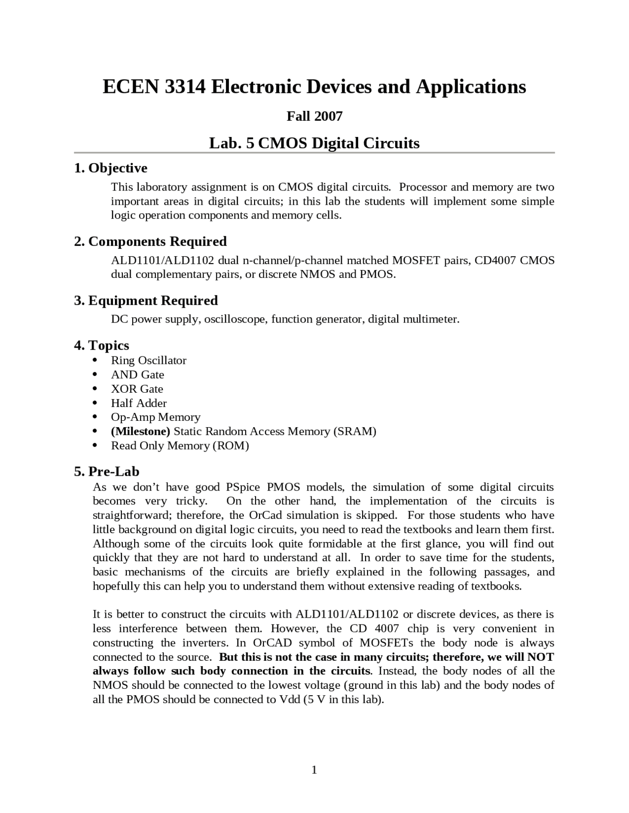 Cmos Digital Circuits Laboratory 5 Ecen 3314 Docsity