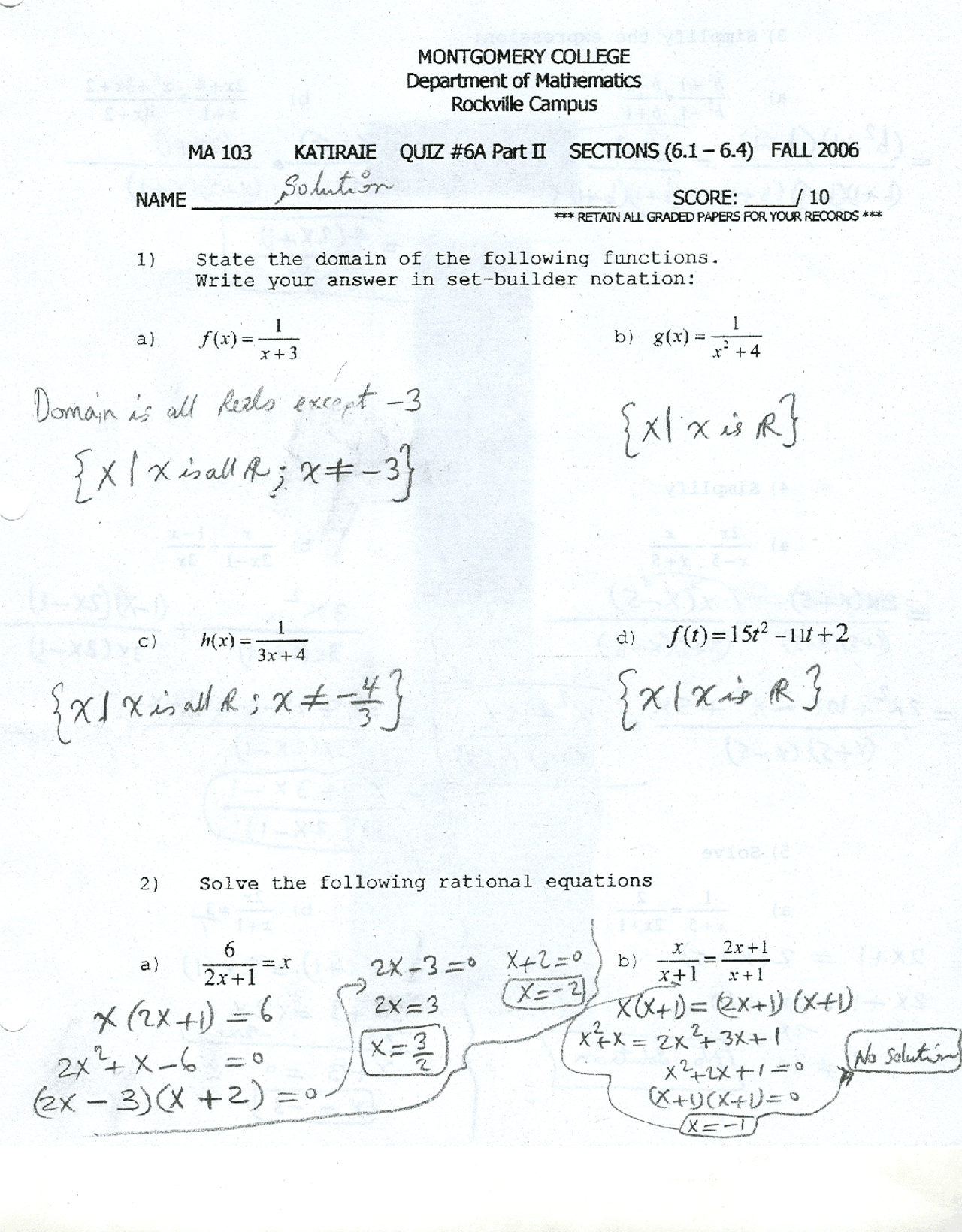 Quiz 6A Solution | Intermediate Algebra | MA 103 - Docsity