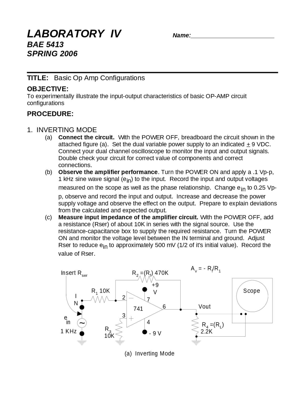 Laboratory 4: Basic Output Amplifier Configurations | BAE 5413 - Docsity
