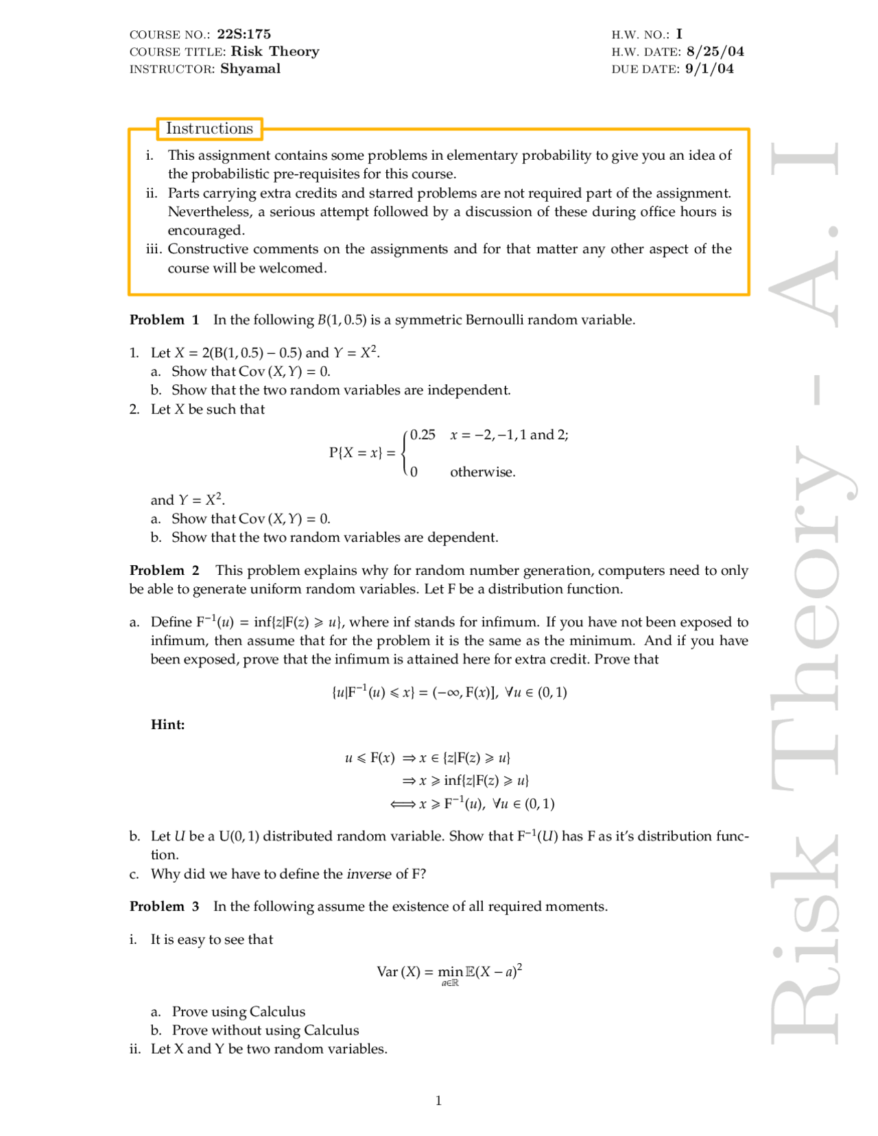 Practice Problems on Actuarial Models - Assignment 1 | 22S 175 | Assignments Statistics | Docsity