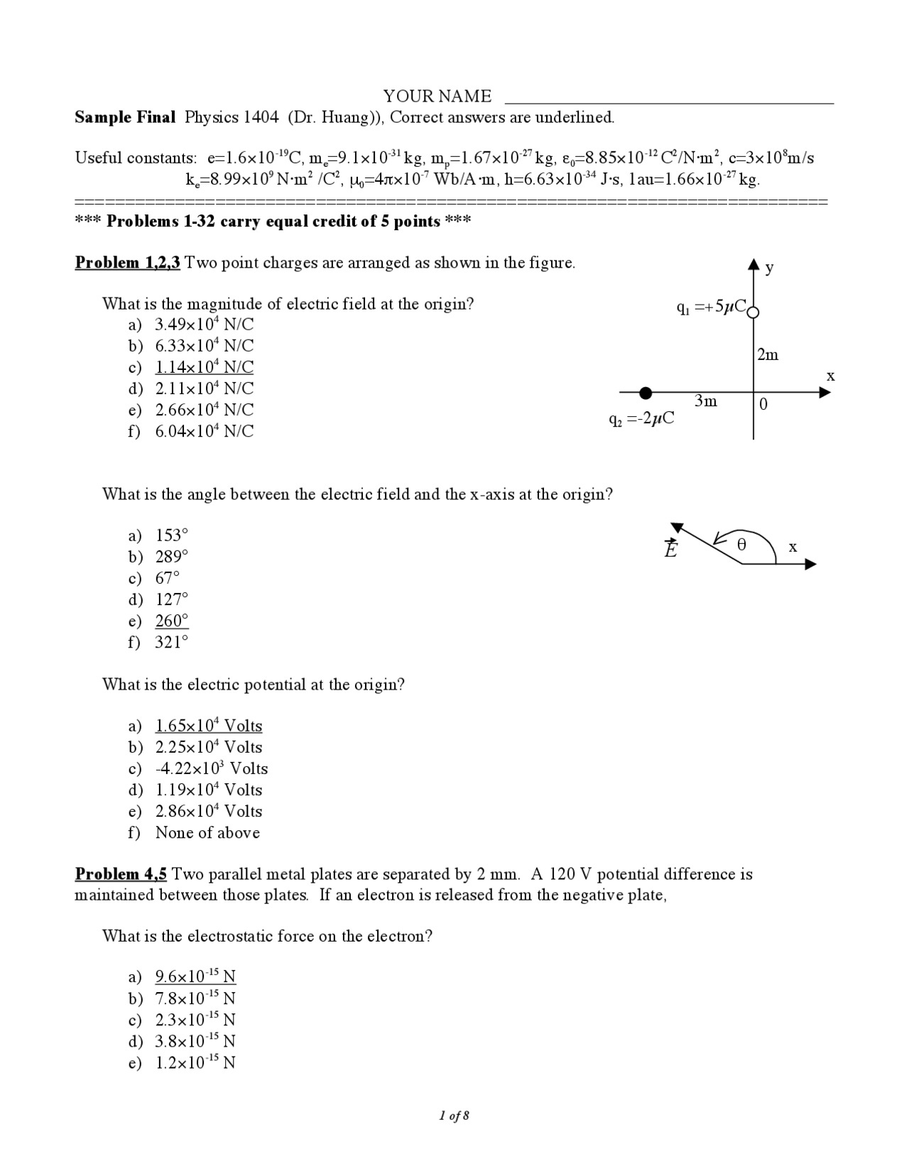 Sample For Final Exam General Physics Ii Phys 1404 Docsity