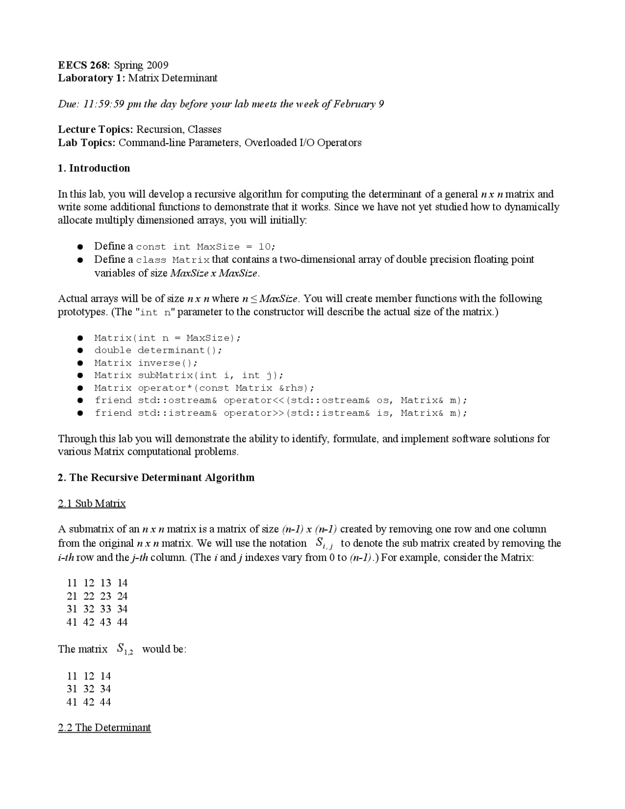 Lab 1 For Matrix Determinant Programming Ii Eecs 268 Docsity