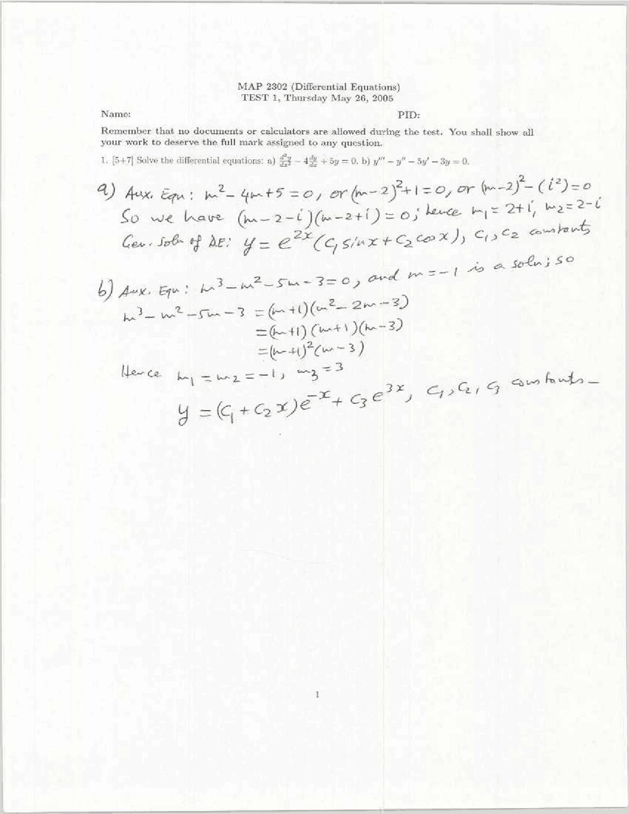 Exam 1 With Solution Differential Equation Map 2302 Docsity
