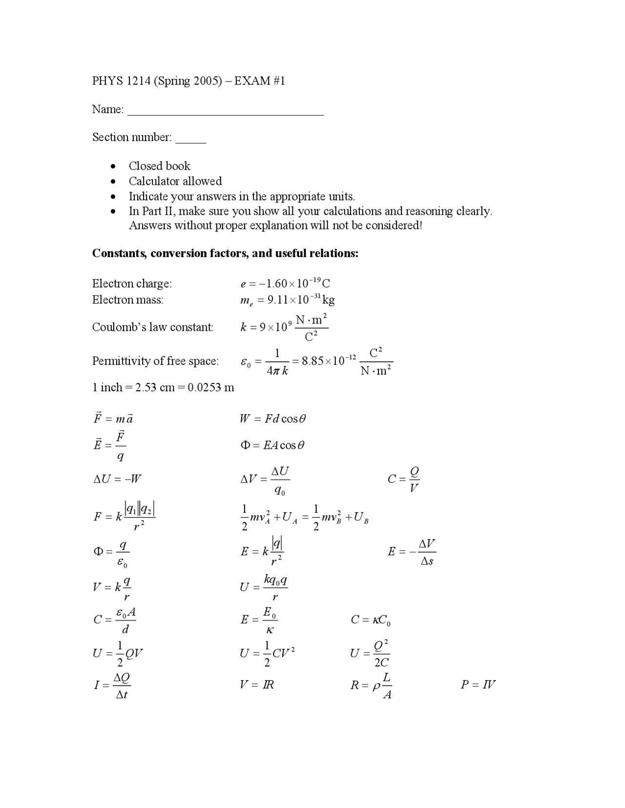 Exam 1 - General Physics - Spring 2005 | PHYS 1214 - Docsity