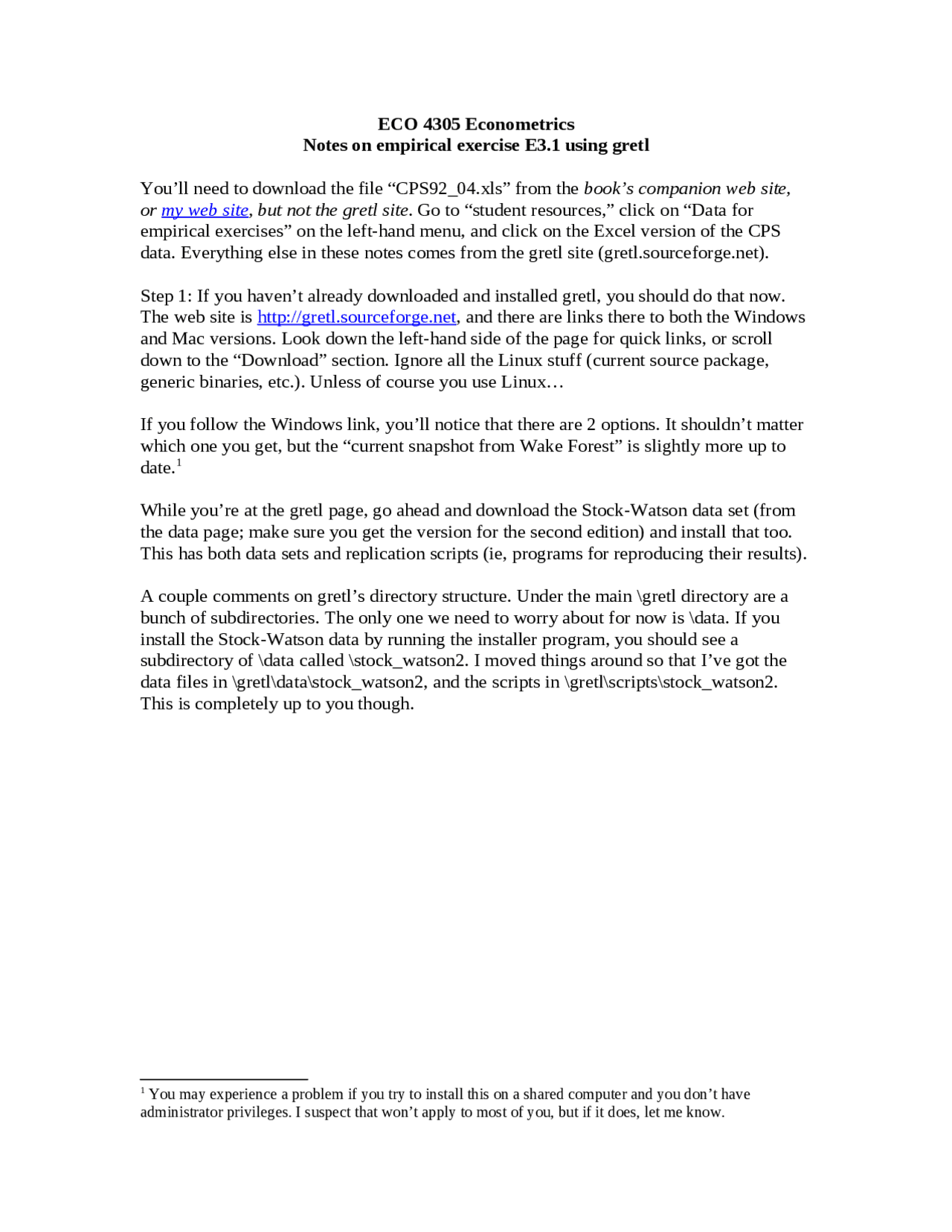 Notes On Empirical Exercise Using Gretl Econometrics Eco 4305 Docsity