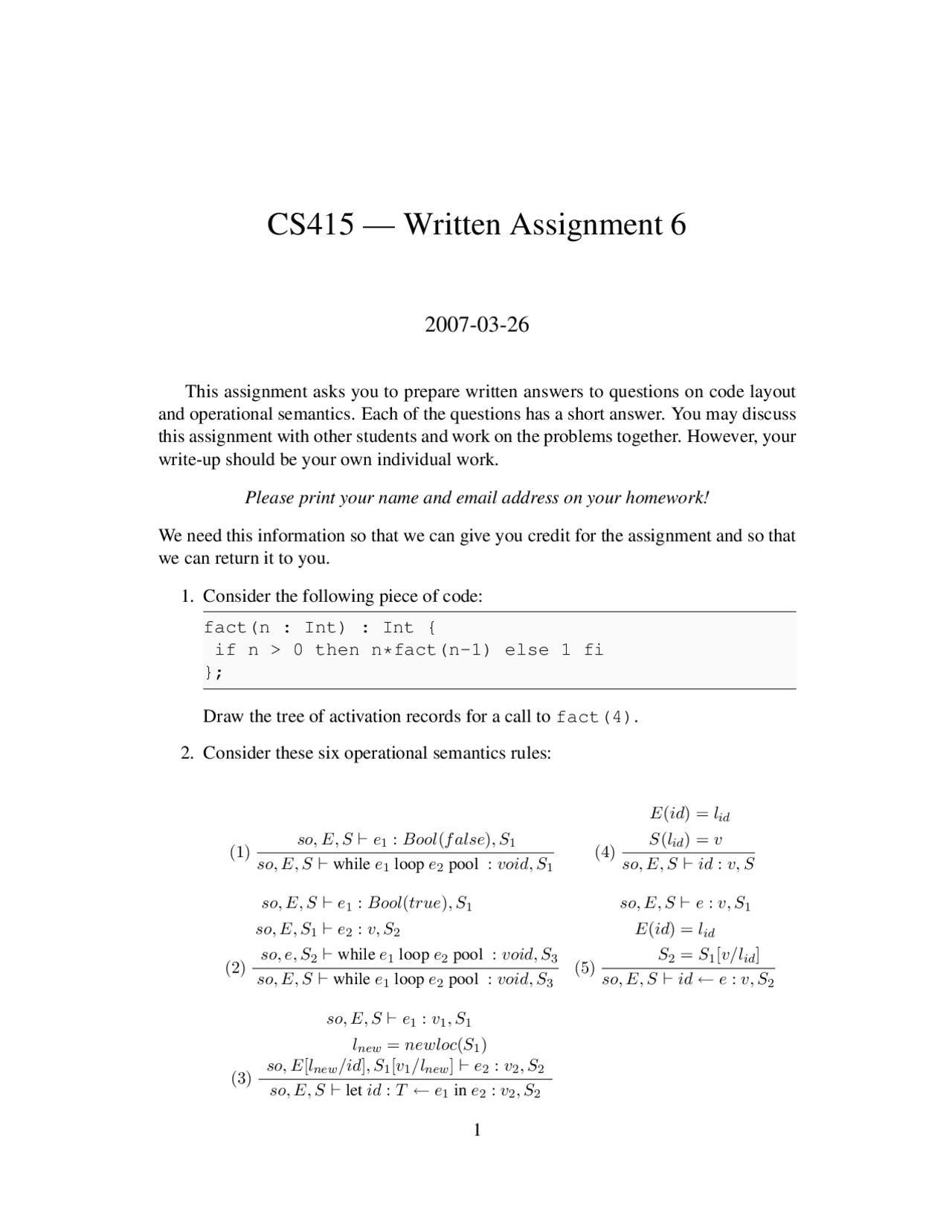 Written Assignment 6 Programming Languages Cs 4610 Docsity