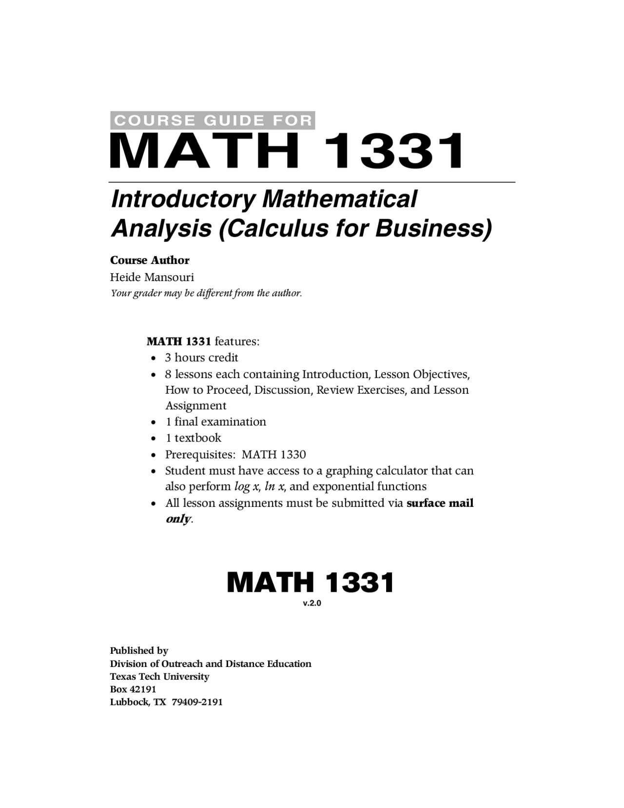 Introductory Mathematical Analysis Course Guide Calculus For Business