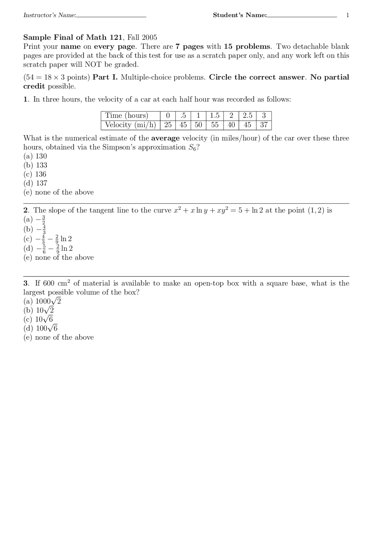 Sample Final Exam For Calculus I Honors Math 141 Docsity