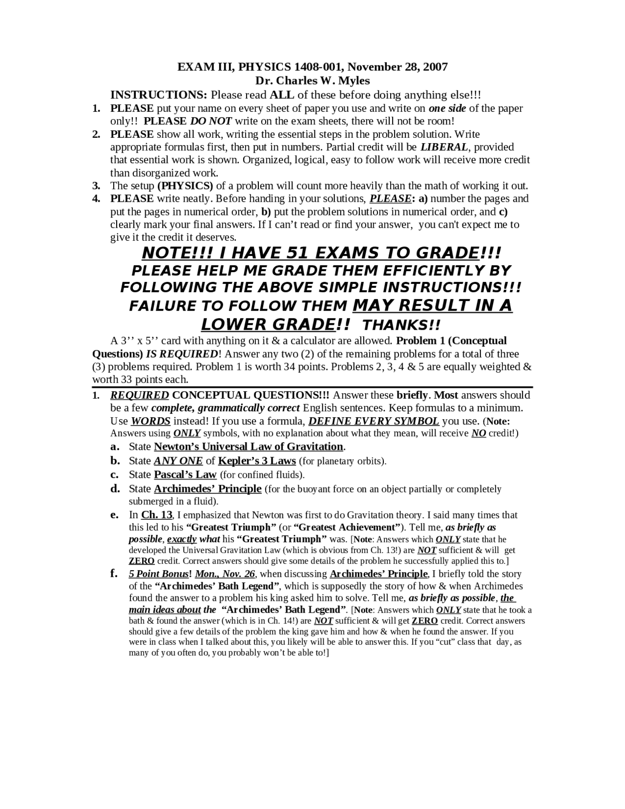 Exam 3 for Study Notes Fall 2007 - Principles of Physics I | PHYS 1408 ...