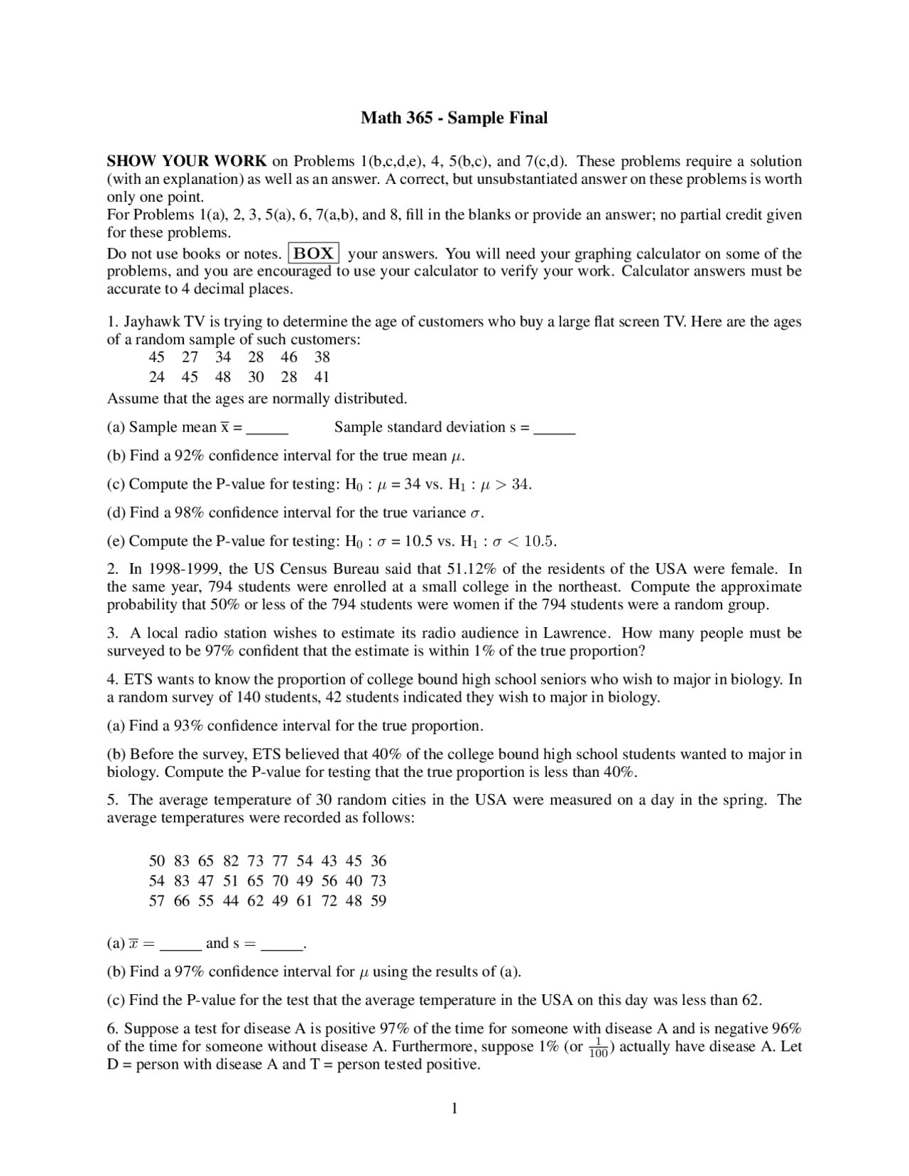 Elementary Statistics A Serie Of Problems To Solve For Exam MATH 365 Elementary Statistics A Serie Of Problems To Solve For Exam MATH 365