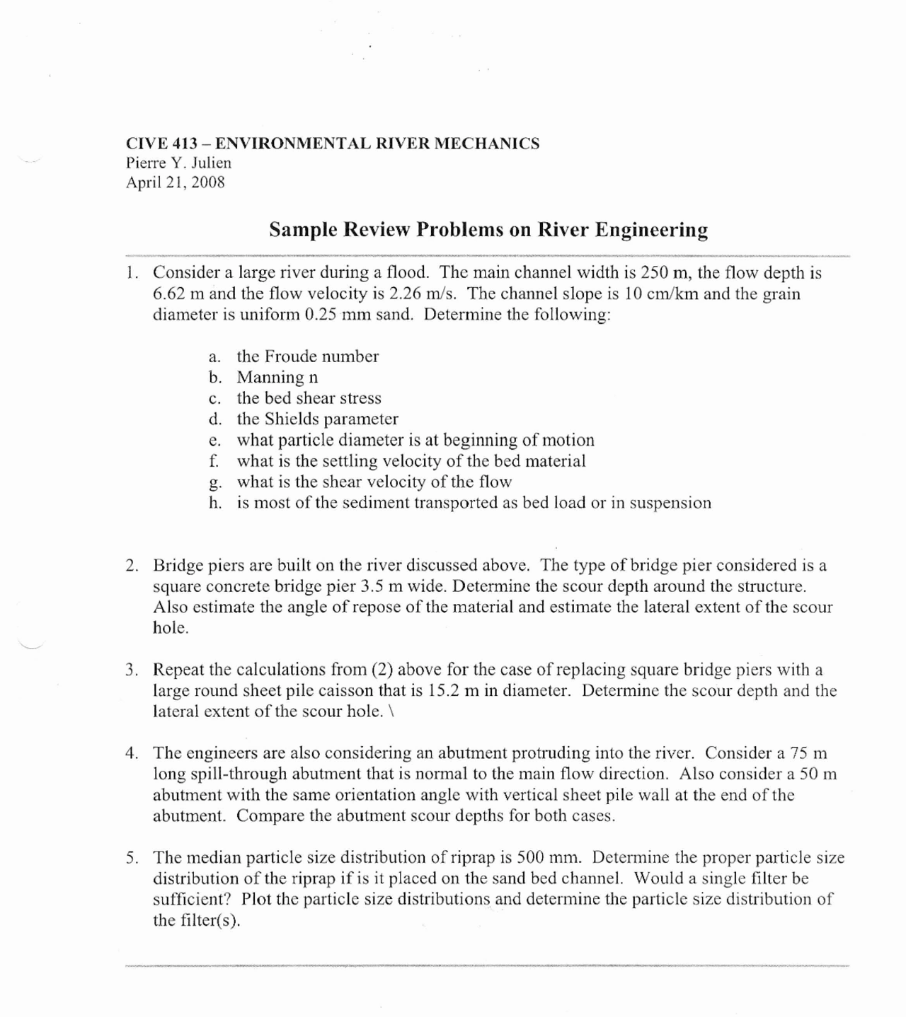Sample Review Problems On River Engineering With Solution Cive 413