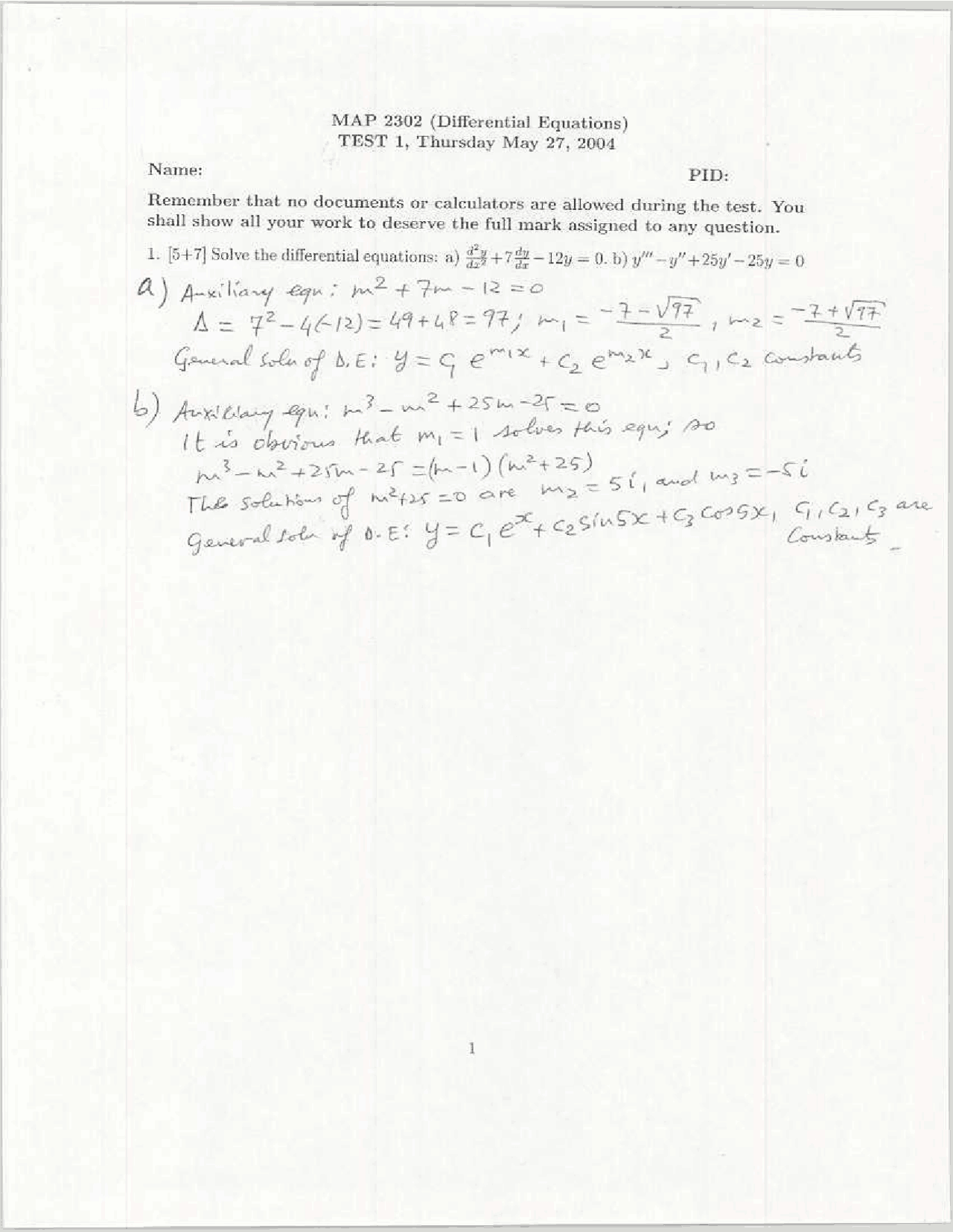 Exam 1 with Solution - Differential Equations | MAP 2302 - Docsity