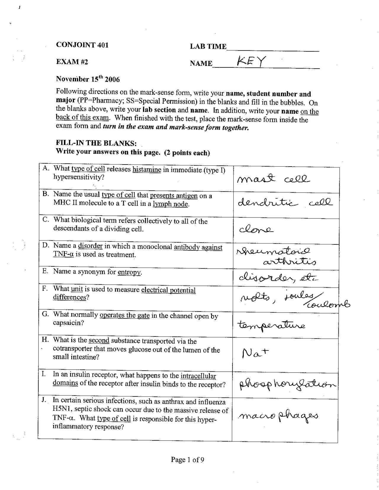 Exam 2 Questions With Answer Key Human Anatomy And Physiology Conj