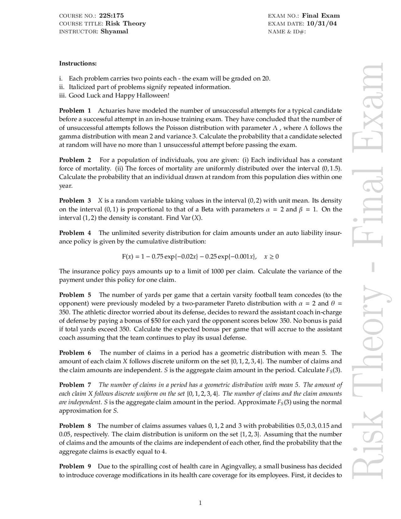Final Exam Questions Actuarial Models 22s 175 Docsity
