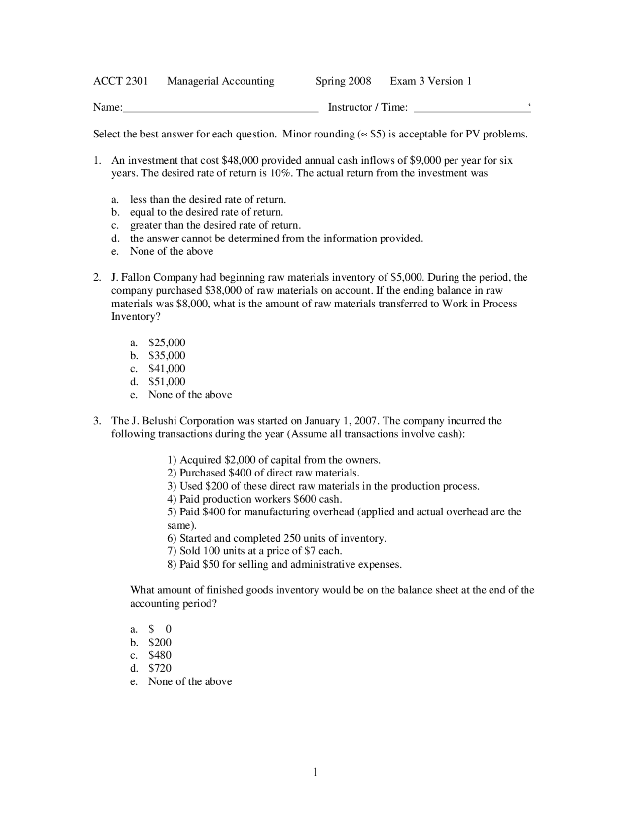 25 MCQs for Exam 3 - Managerial Accounting | ACCT 2301 - Docsity