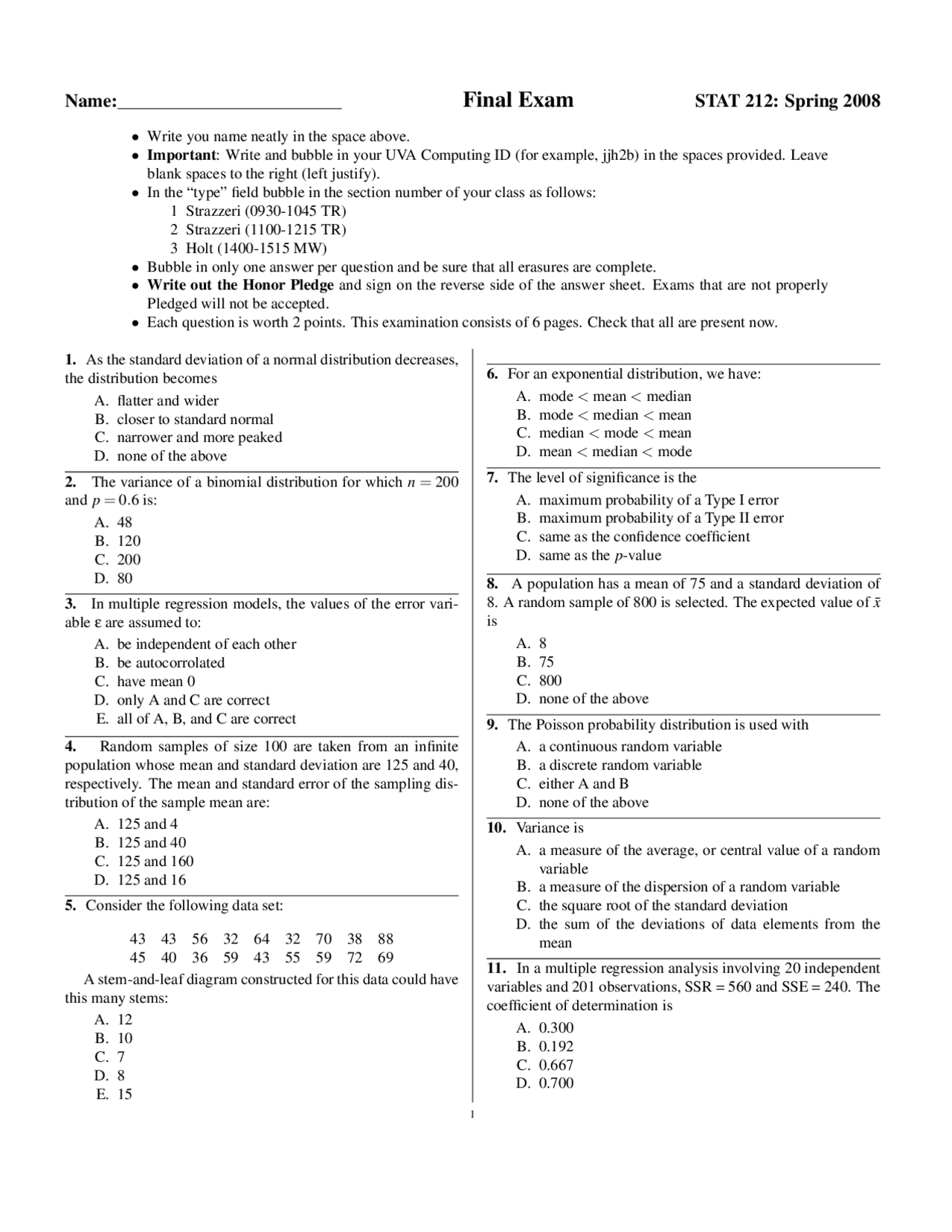 Questions For Final Exam Introduction To Statistical Analysis Stat
