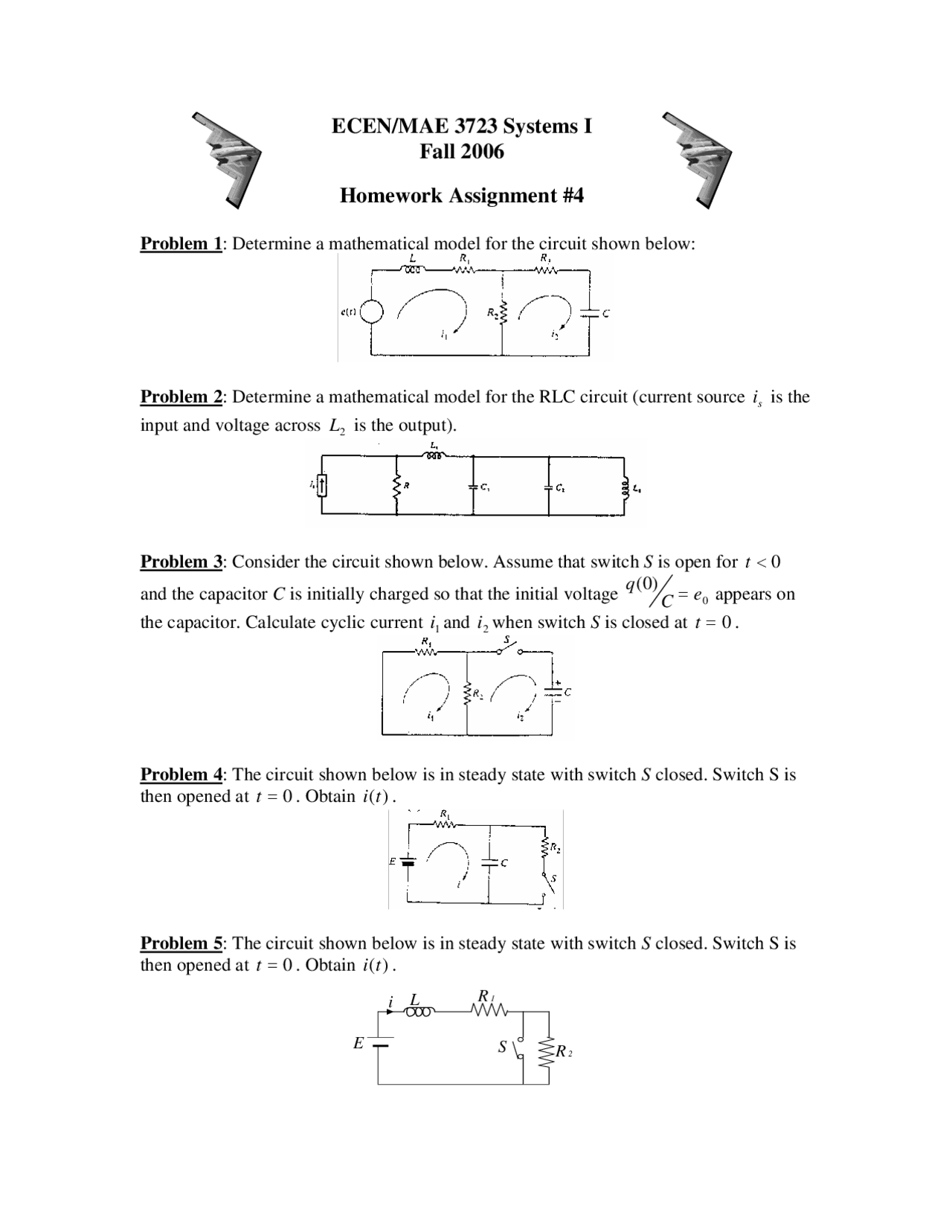 Assignment 4 with 7 Problems - Systems I | MAE 3723 - Docsity