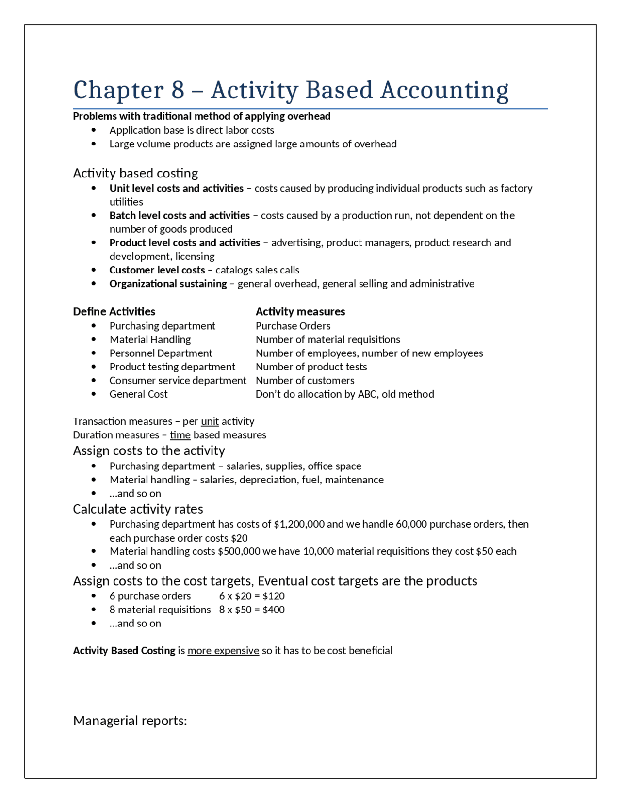 Activity based accounting, Budgeting and costs: study guide, chap.8-10 ...
