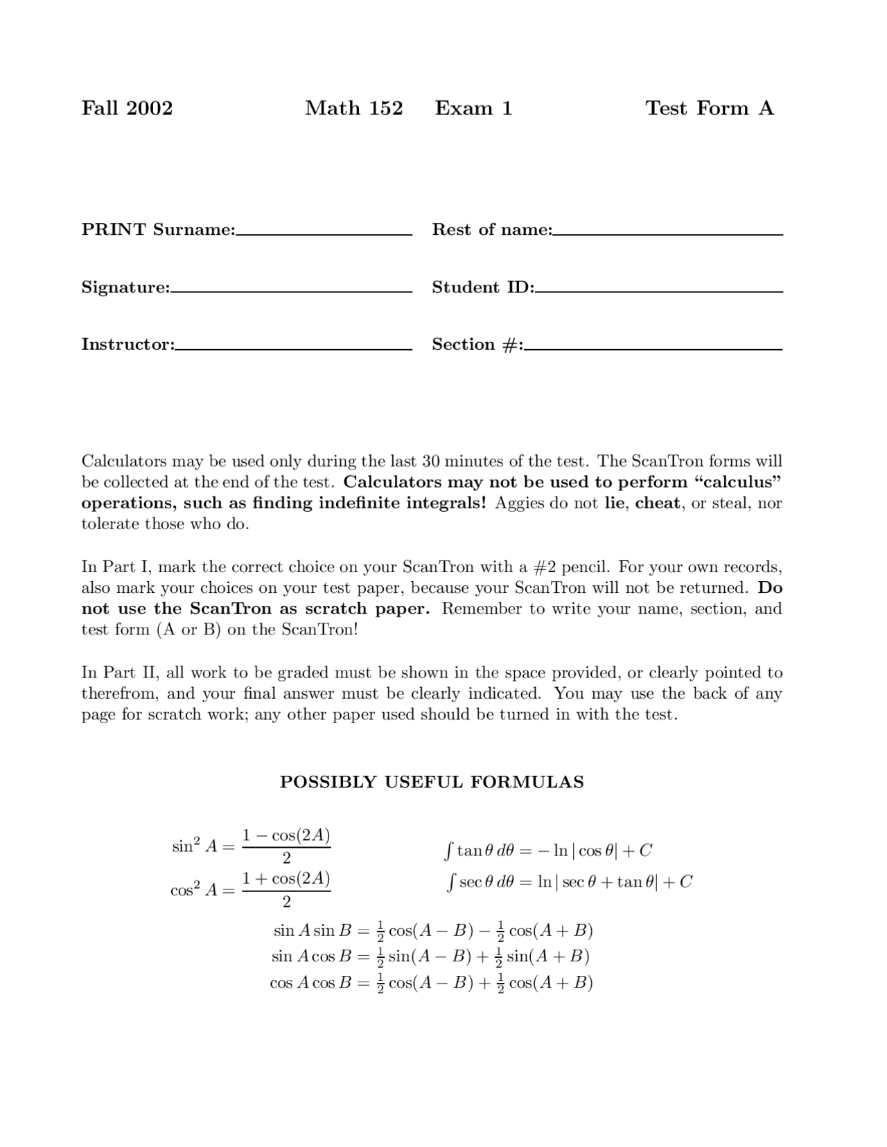 Exam 1 Form A Honor Engineering Mathematics Ii Math 152 Docsity