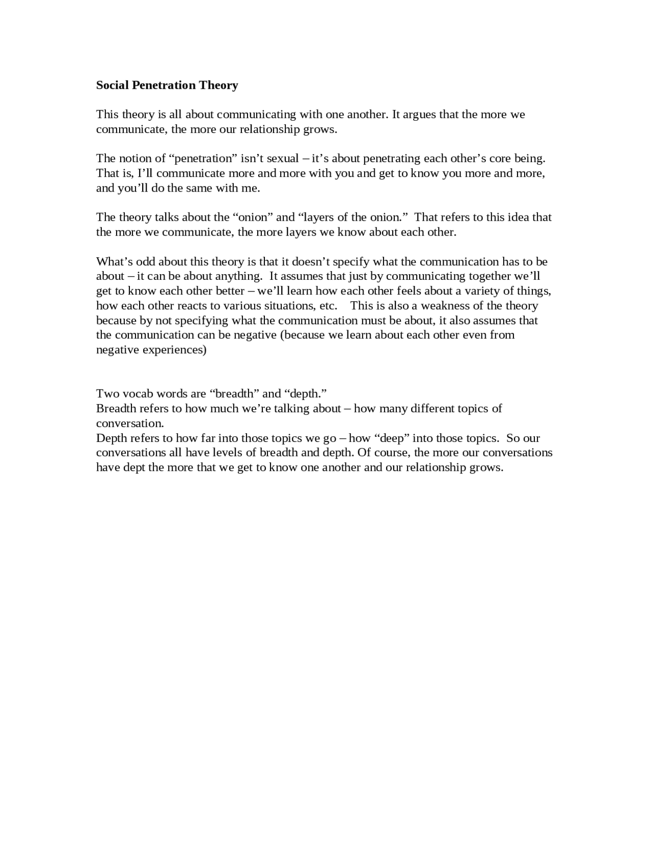 Social Penetration Theory Lecture Notes Com 11100 Docsity