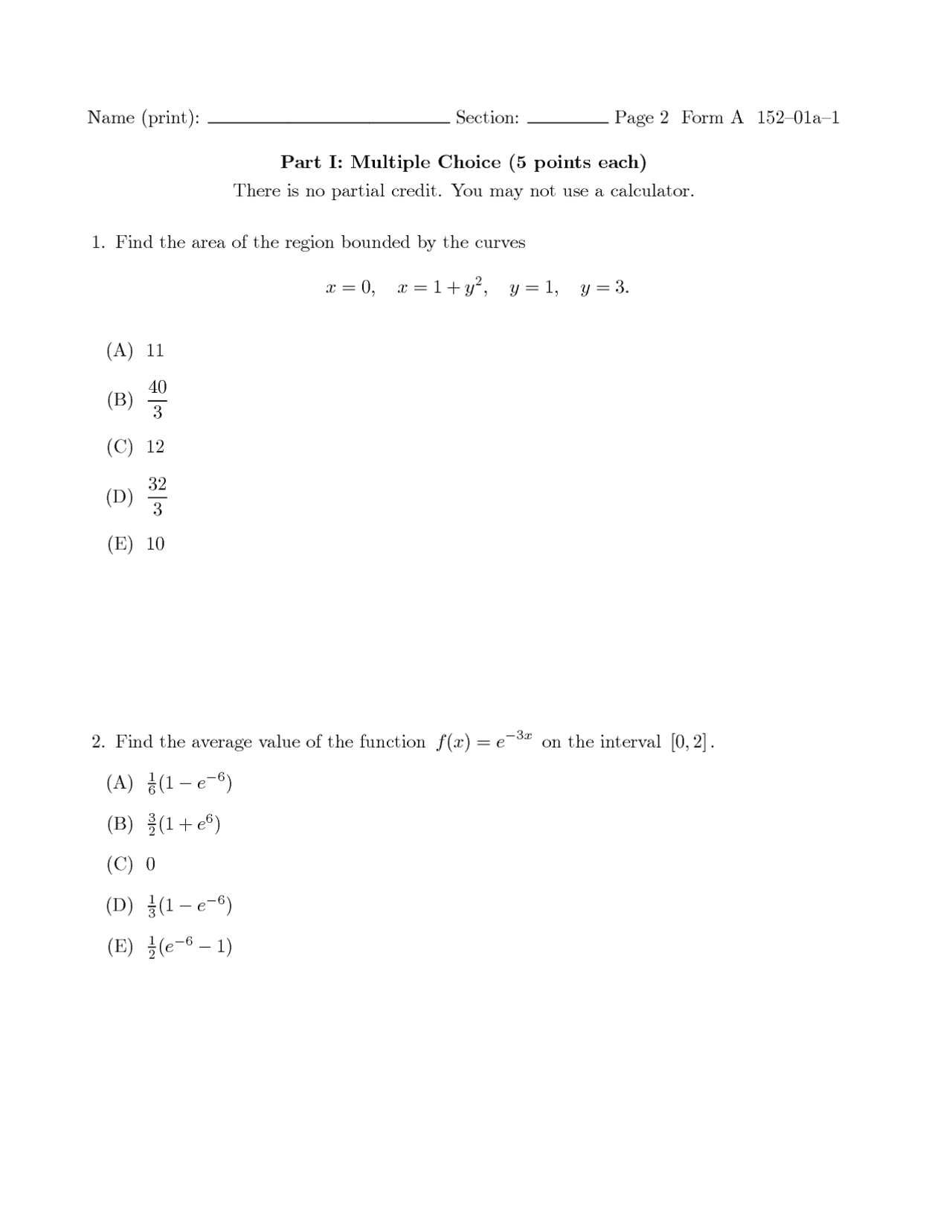 Exam Form A Engineering Math Ii Math 152 Docsity