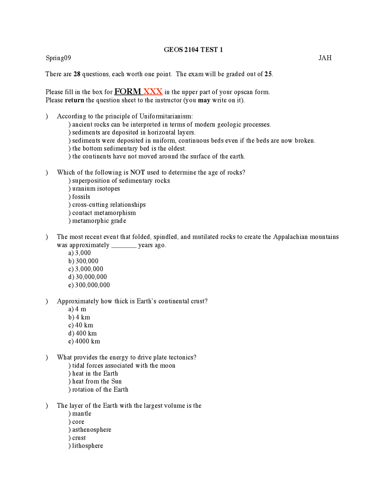 Exam One Mcqs Elements Of Geology Spring 2009 Geos 2104 Docsity