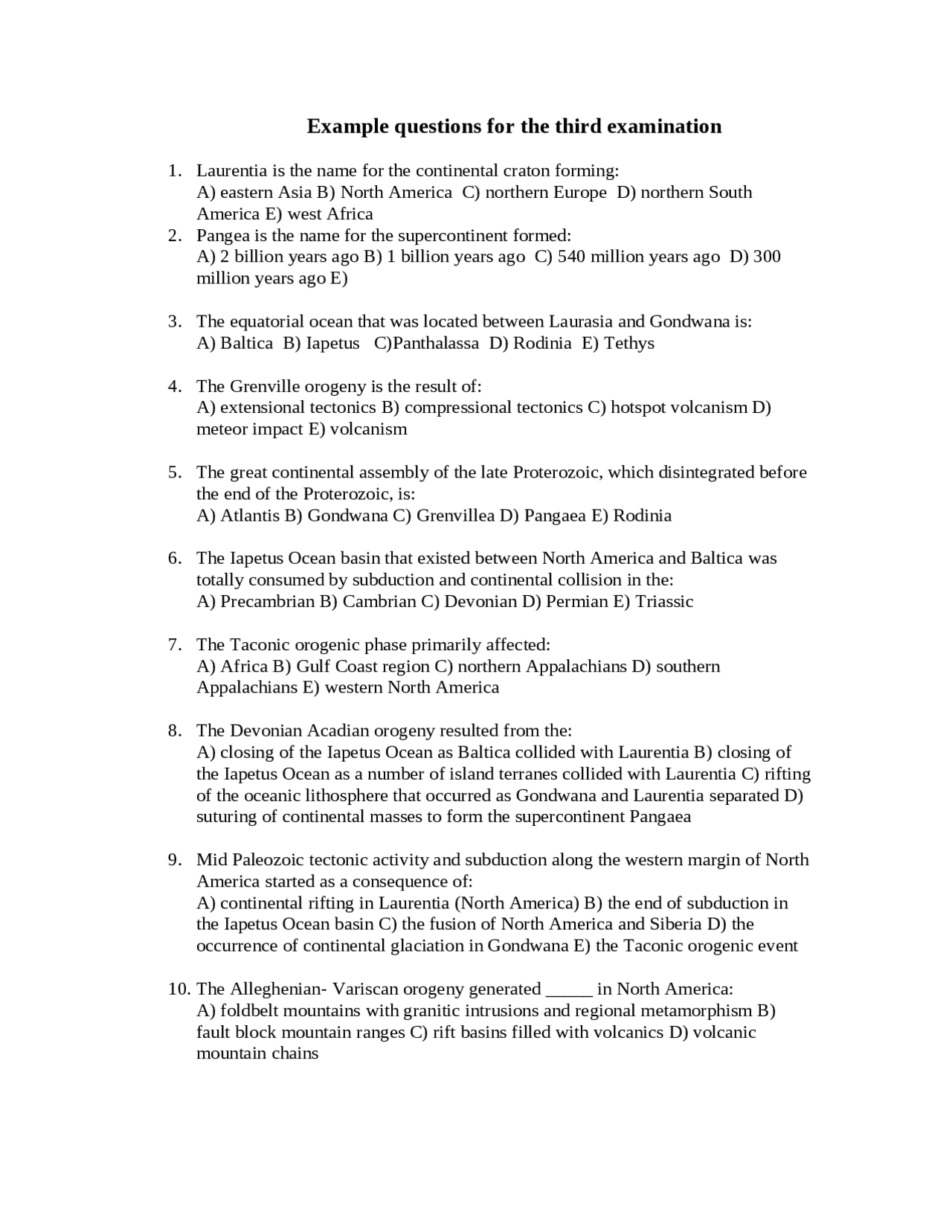 Example Questions For The Third Examination Geol 106 Docsity