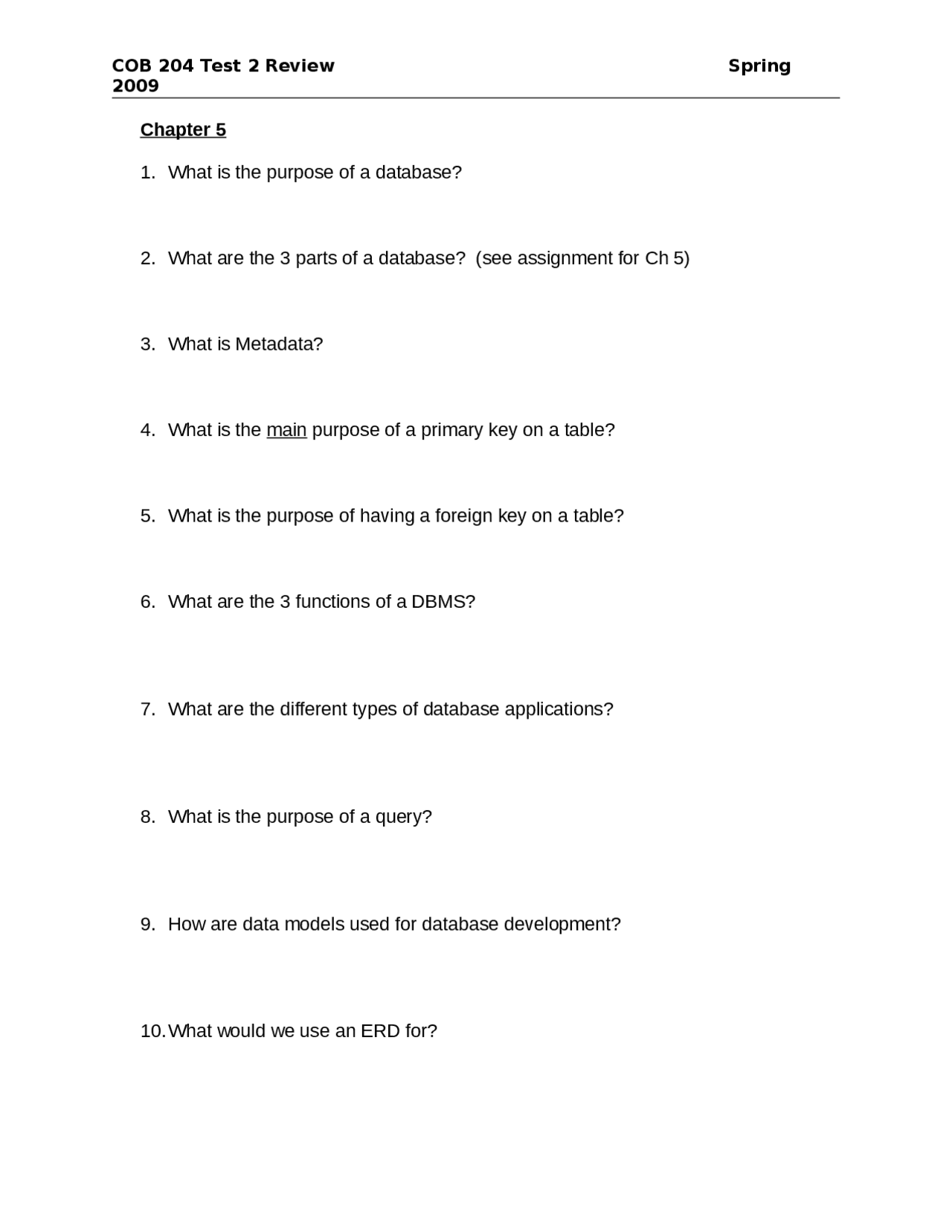 Exam 2 Review Sheet - Computer Informations Systems | COB 204 - Docsity