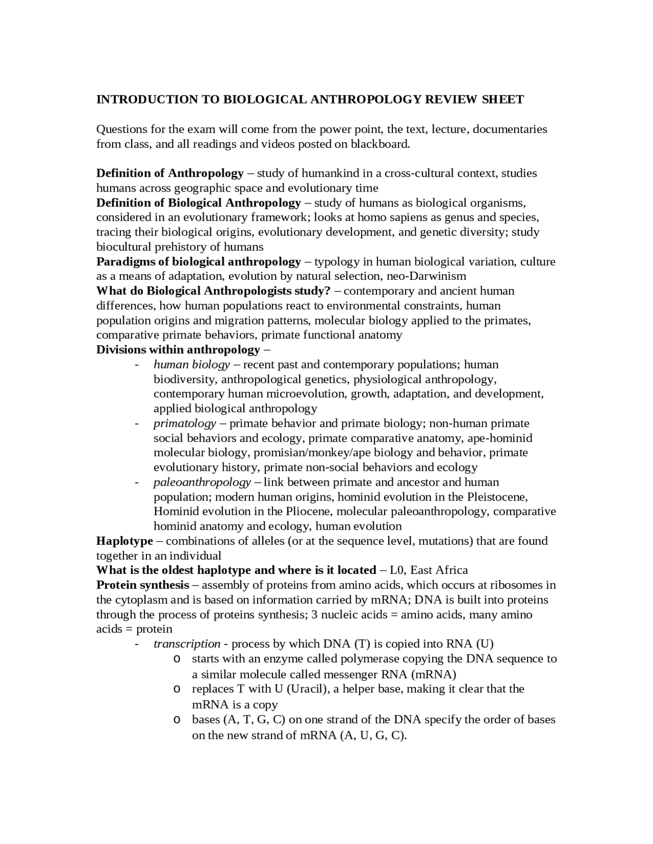Review For Midterm Exam 1 Introduction To Biological Anthropology