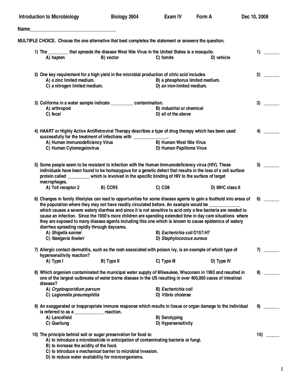 Exam 4 Questions For General Microbiology Fall 2004 Biol 2604