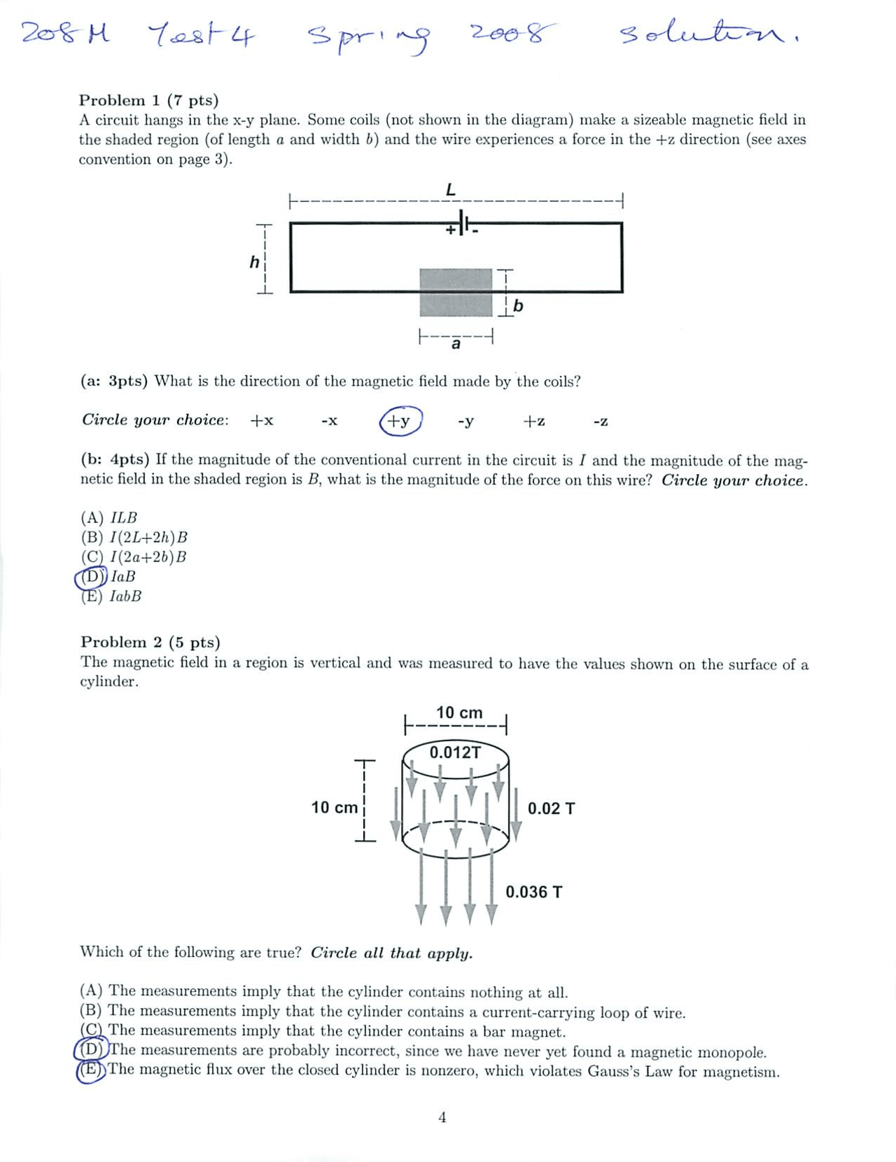 Test 4 With Solution Physics Engineering Ii Py 208m Docsity