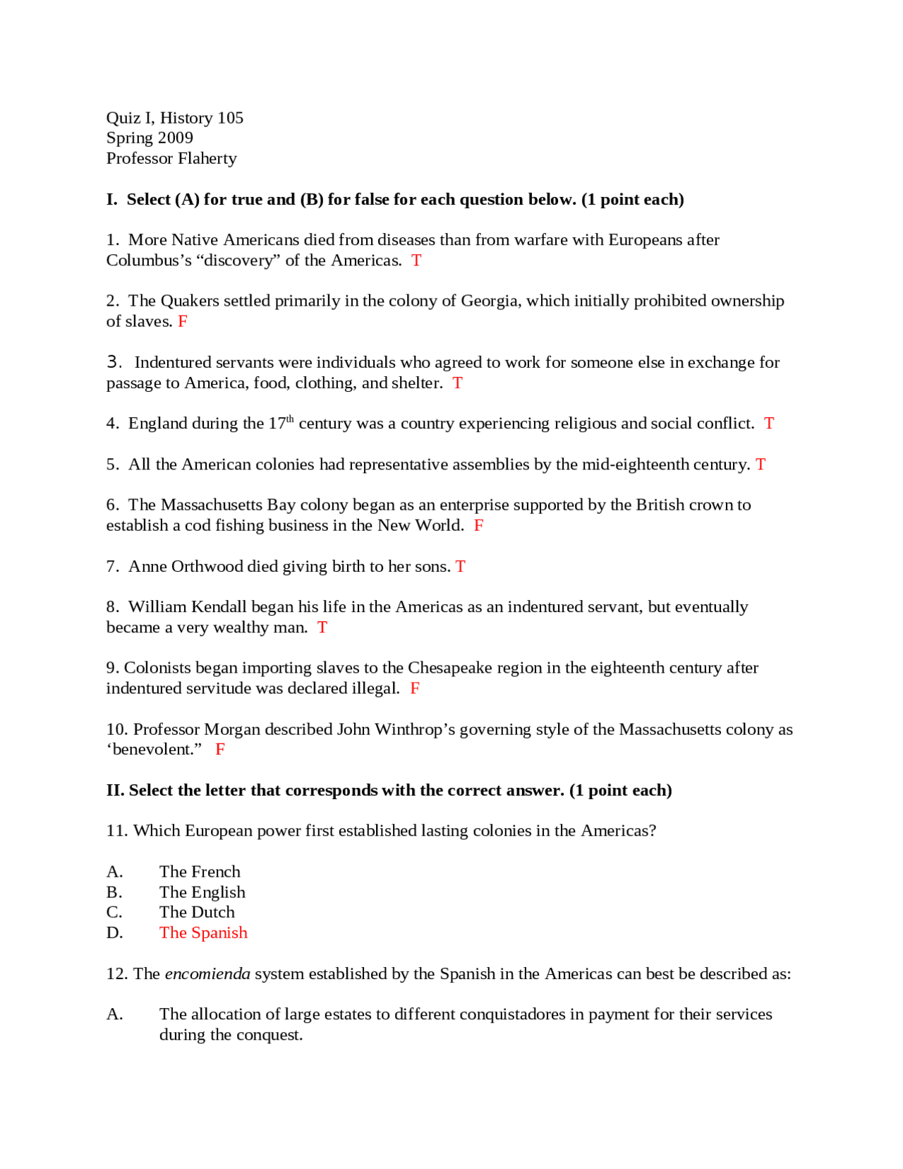 Quiz I with Answers - History of the US | HIST 105 - Docsity