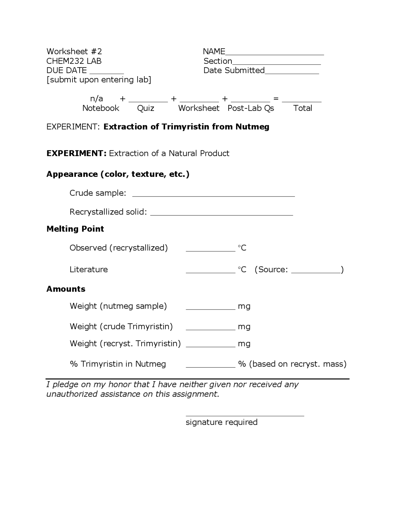 Lab Worksheet 2 | Organic Chemistry Lab I | CHEM 232 - Docsity
