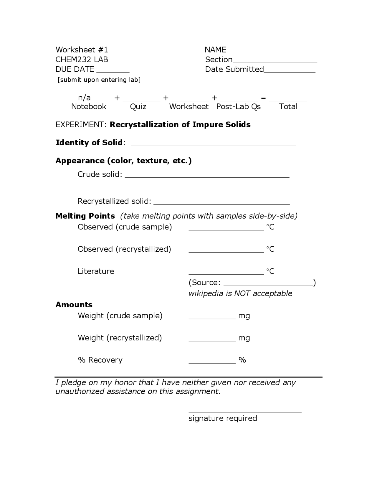 Recrystallization of Impure Solids - Lab I | CHEM 232 - Docsity