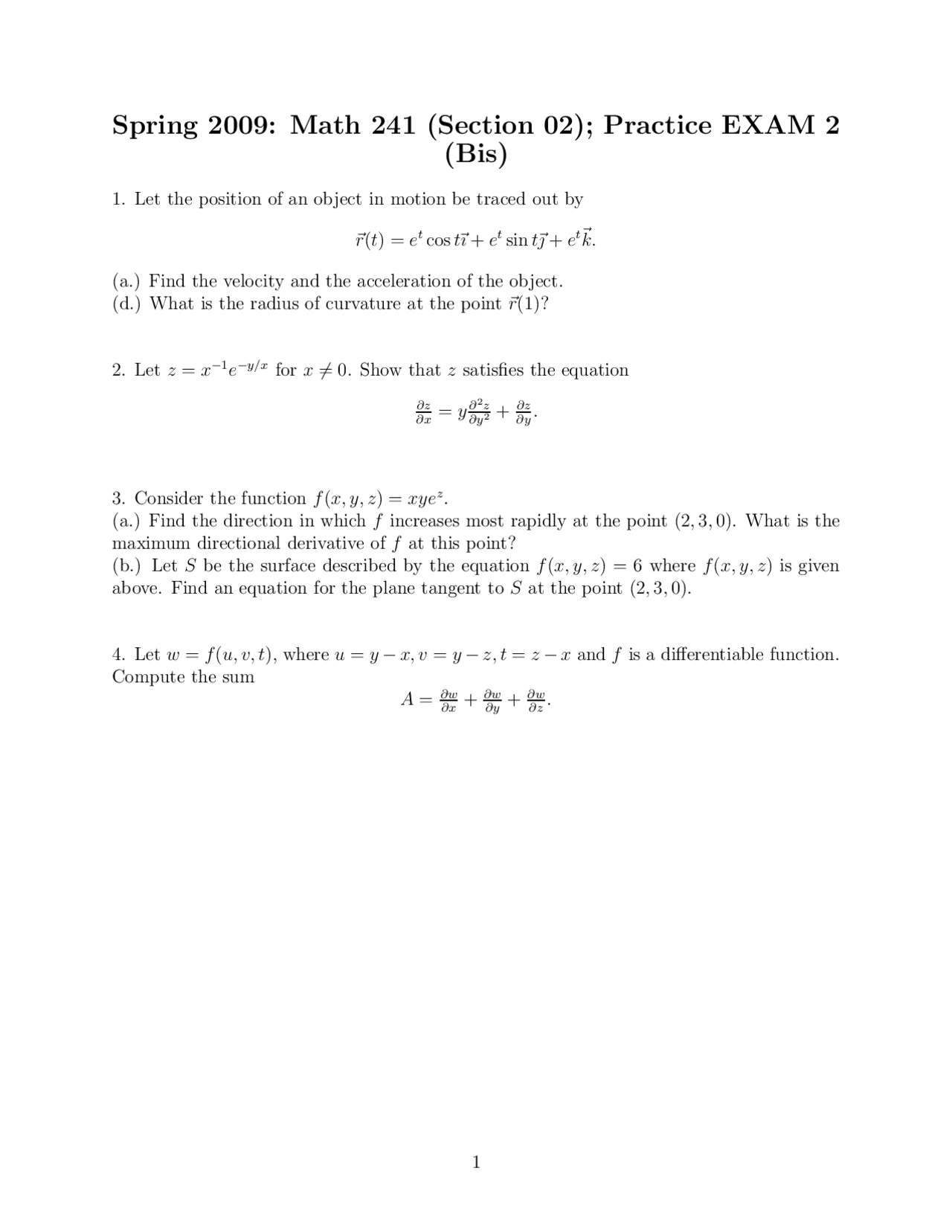 Practice Exam 2 Calculus Iii Math 241 Docsity