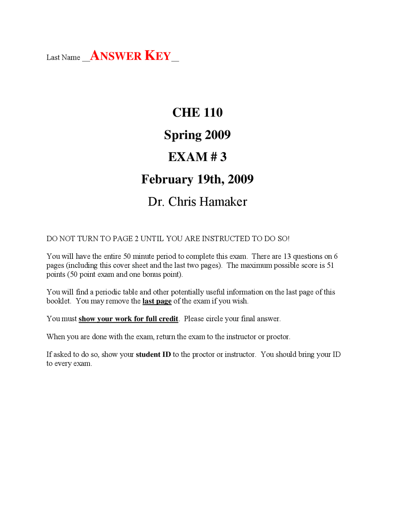 Exam 3 With Answer Key Fundamentals Of Chemistry Che 11000 Docsity