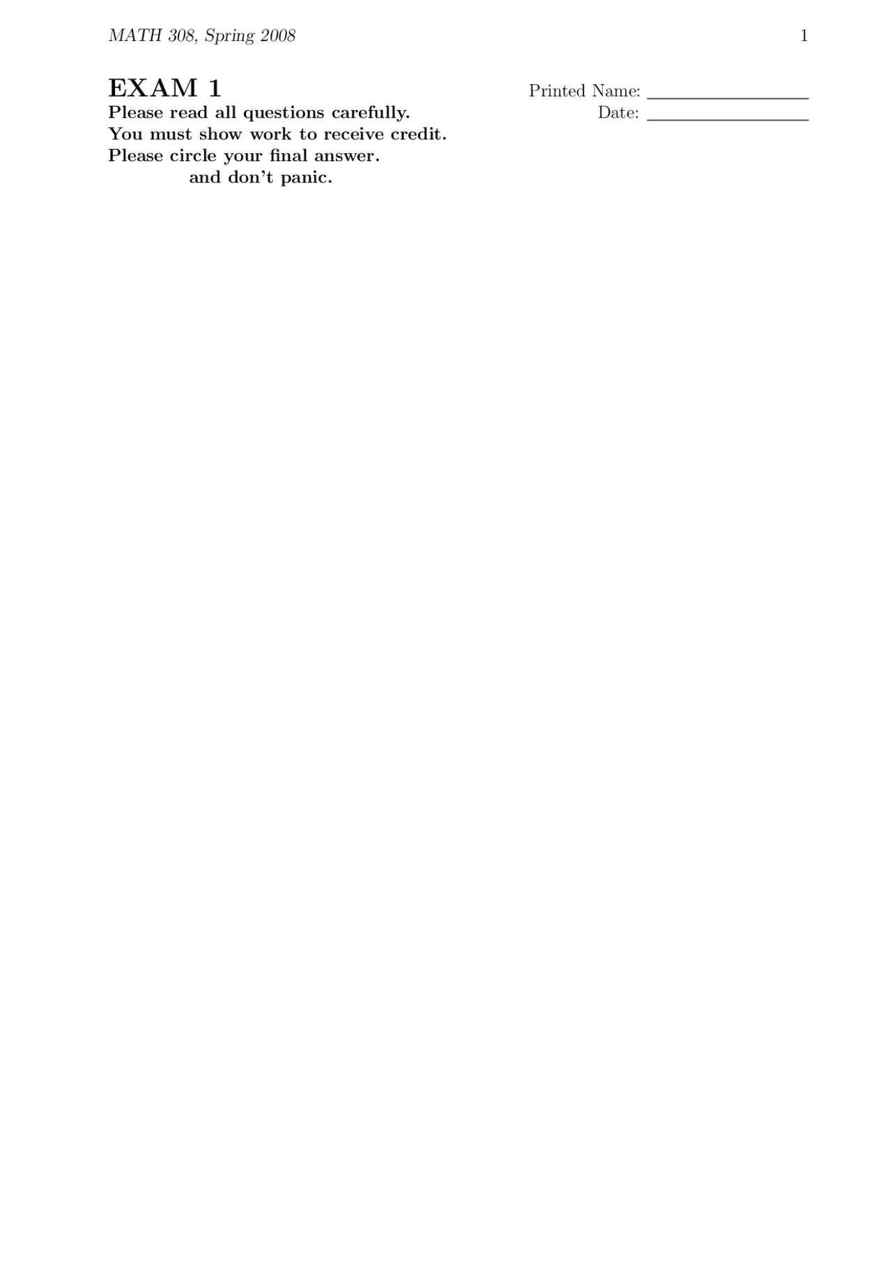 Sample Questions for Exam 1 - Honor Differential Equations | MATH 308 - Docsity