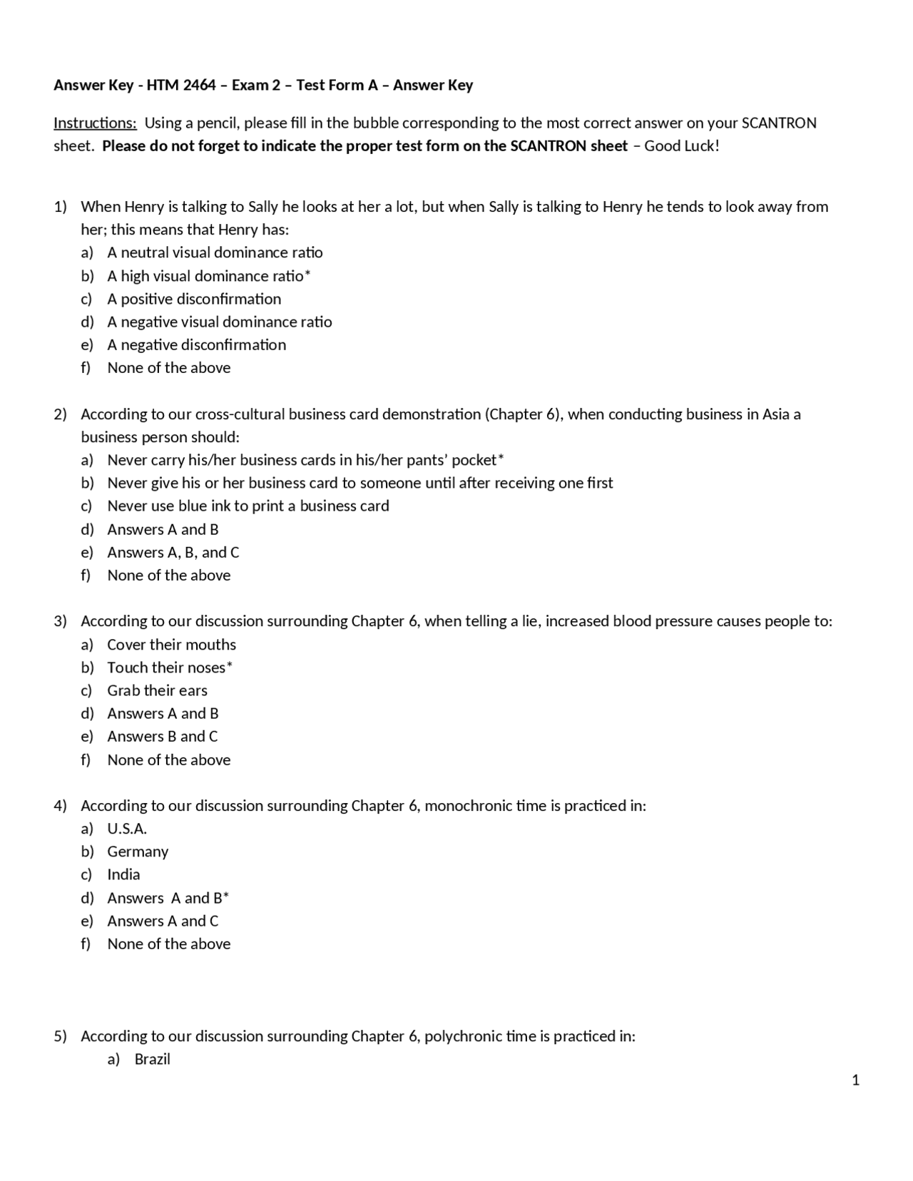 Exam 2, Test Form A, Answer Key - Introduction to Service | HTM 2464 ...