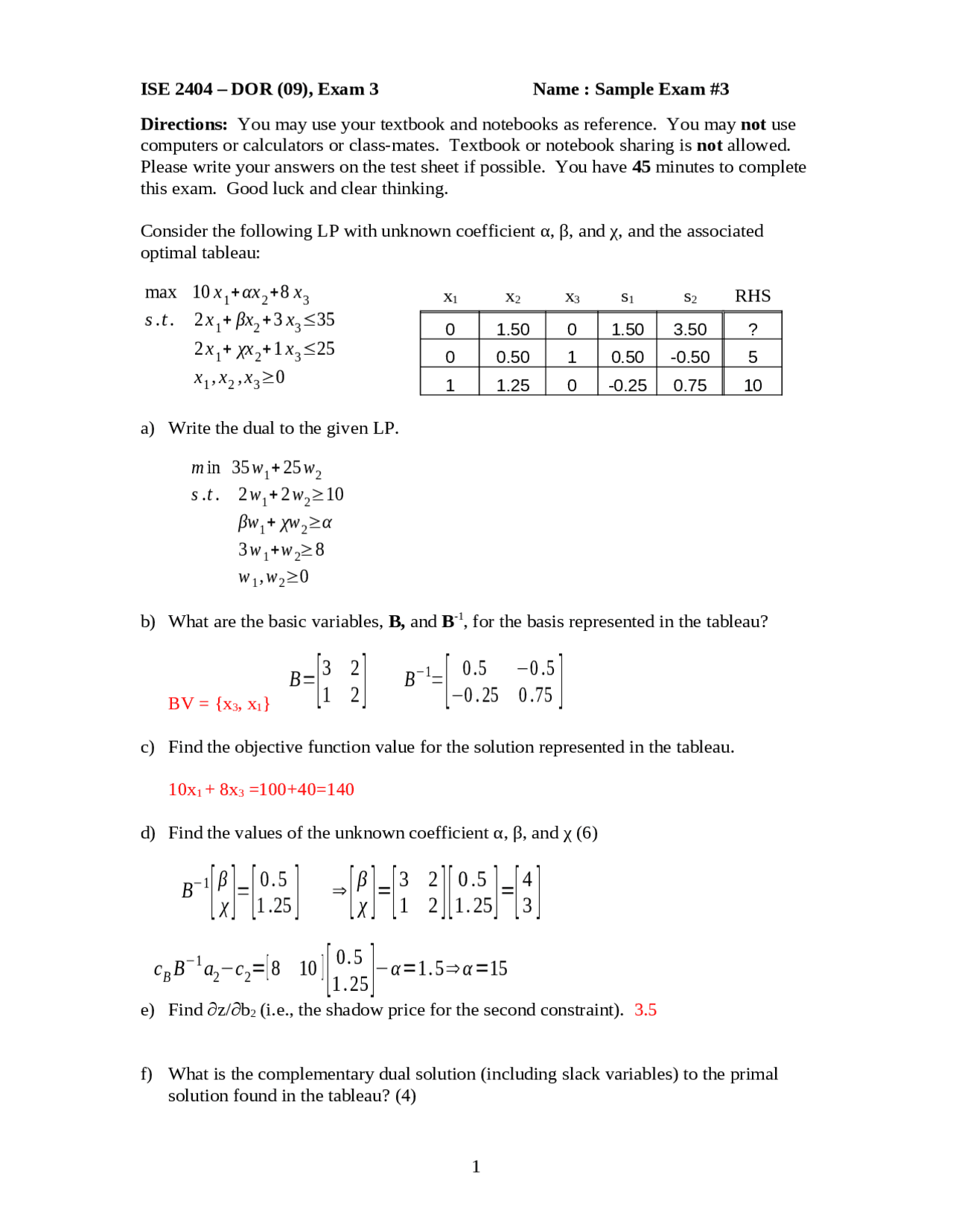 Sample Exam For Deterministic Operations Research I Ise 2404 Exams
