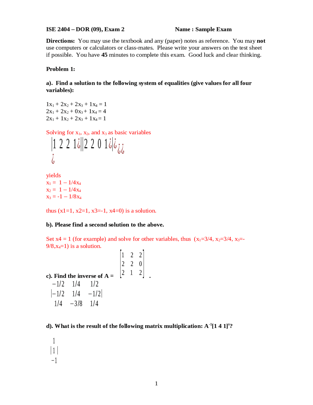 Sample Exam Question With Answers Deterministic Operations Research I