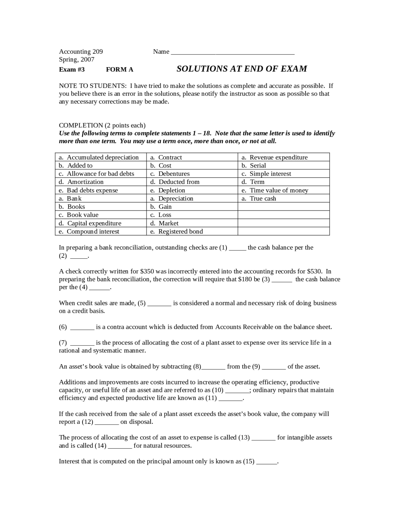 Old Exam 3 Form A With Solutions Survey Of Accounting Principles