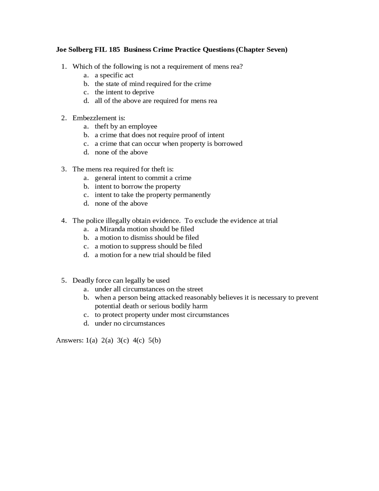 Business Crime - Practice Questions with Resolution | FIL 185.00 - Docsity